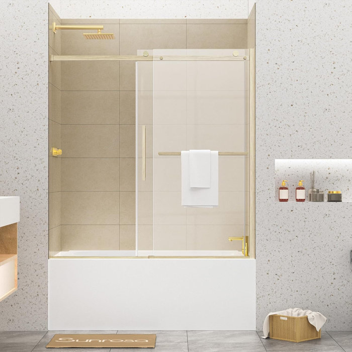 Sunrosa 59"W x 60" H Single Sliding Frameless Tub Door with 5/16"(8mm) Clear Tempered Glass ...